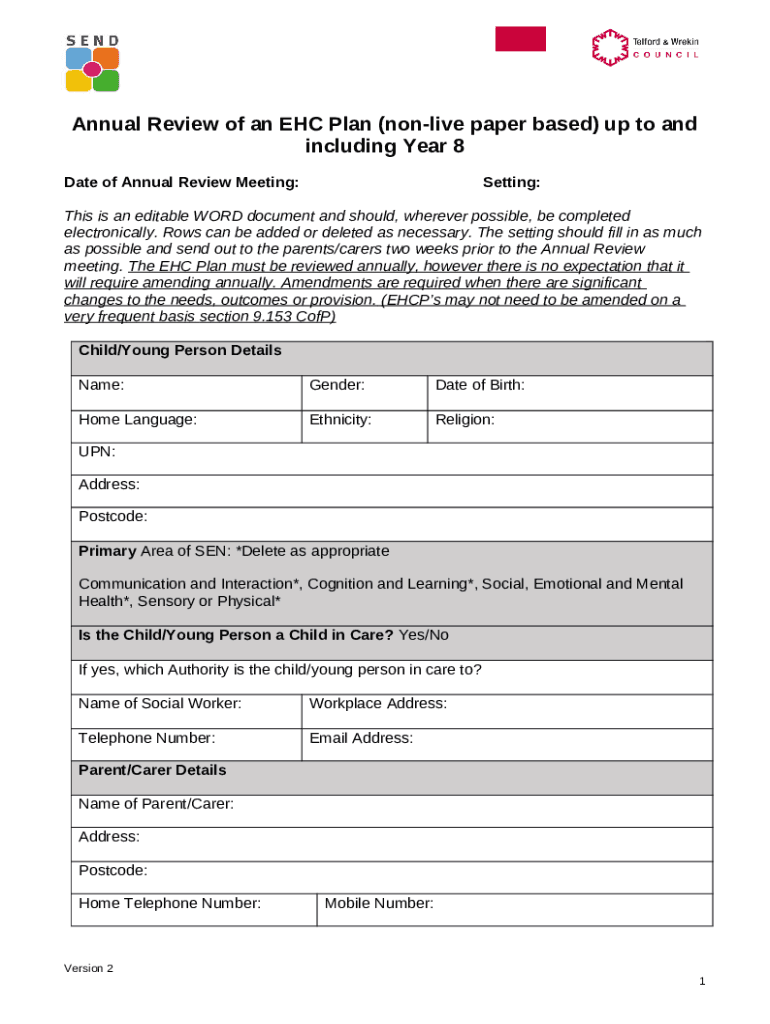 Annual Review of an EHC Plan (non-live paper based) ... Doc Template ...