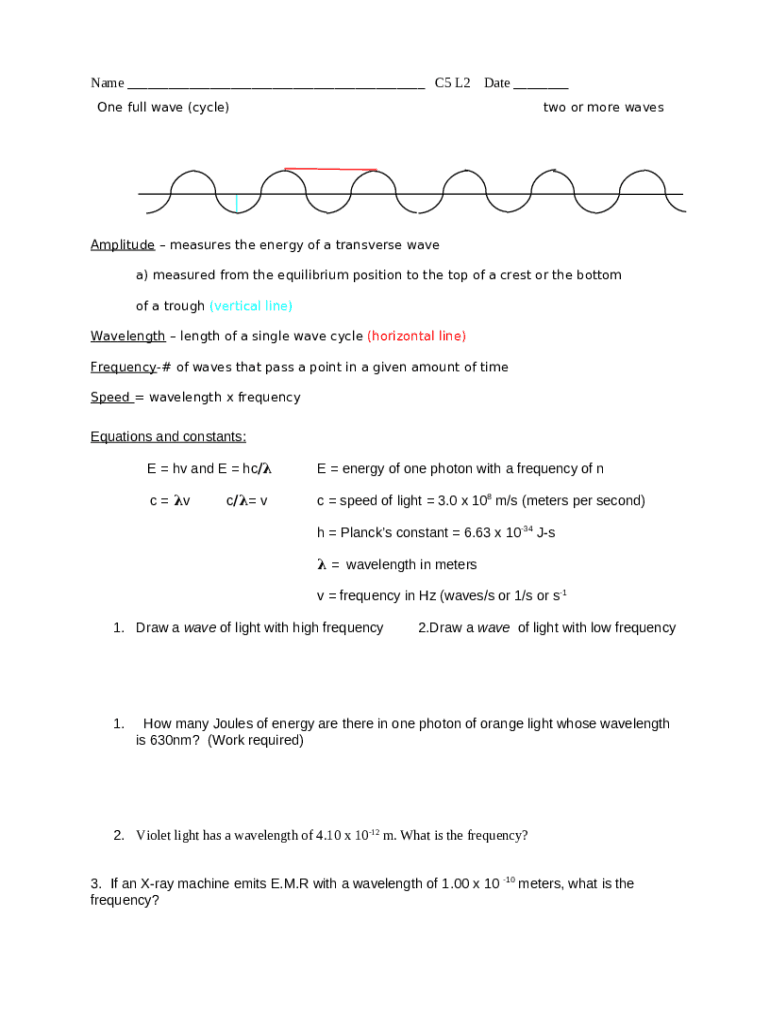 Solved Wave Worksheet Name: Period: One full wave (cycle) Doc Template ...