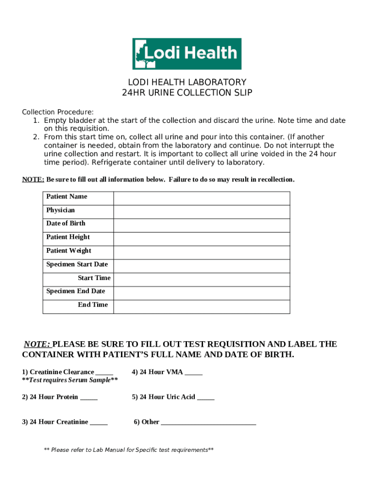 Instructions for 24 Hour/Timed Urine Collections Doc Template | pdfFiller
