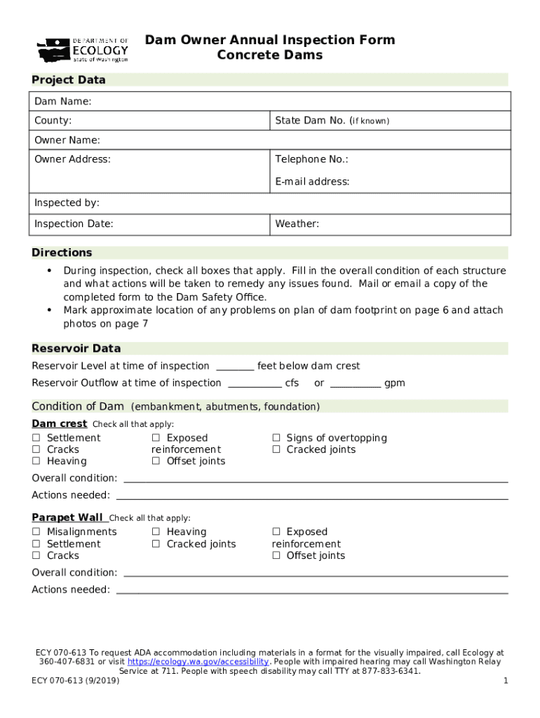 Dam Owner Annual Inspection - Concrete Dams. ECY 070-613 Doc Template ...