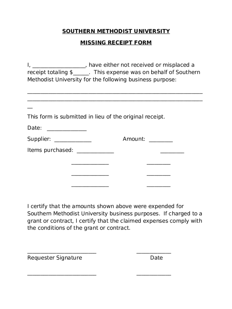 southern methodist university missing receipt Doc Template | pdfFiller