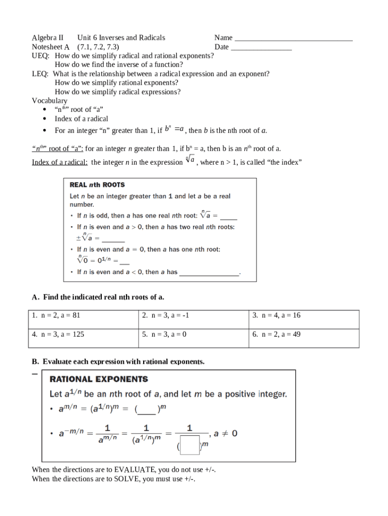 Algebra II Unit 6 - Inverses and Radical Functions Doc Template | pdfFiller