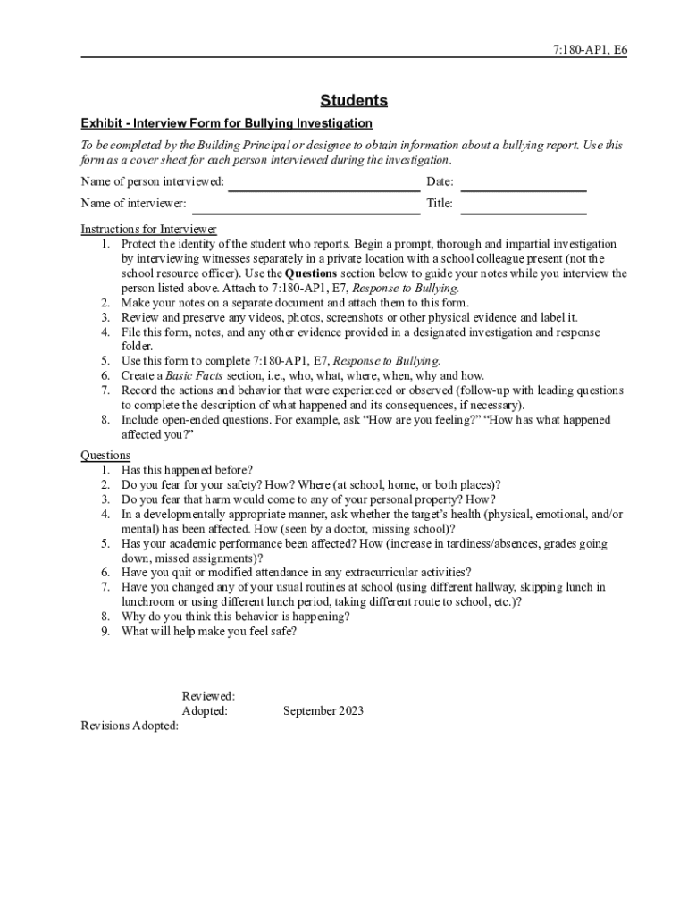 Fillable Online 7-180 AP1 E6 Exhibit - Interview Form for Bullying ...