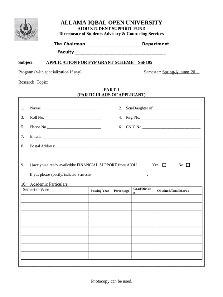 Allama Iqbal Open University: Aiou Student Support Fund ... Doc Template | pdfFiller