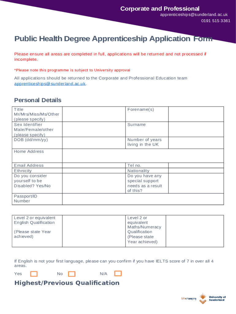 Public Health Degree Apprenticeship Application Doc Template | pdfFiller