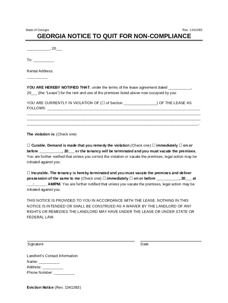 Georgia Non-Compliance Eviction Notice Template - es Doc Template ...