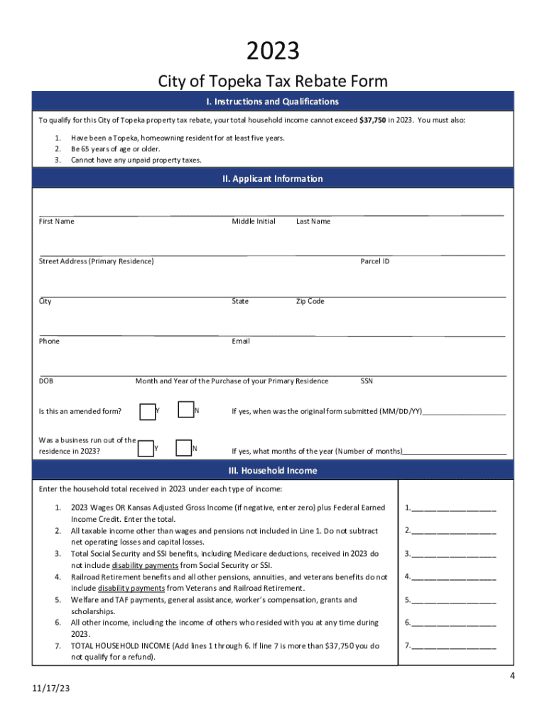 Fillable Online City of Topeka Property Tax Rebate ProgramFinance Fax ...