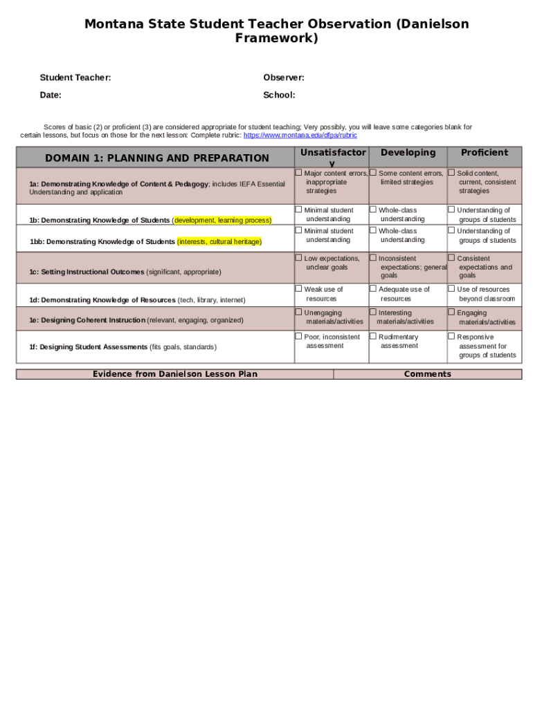 Montana State Student Teacher Observation (Danielson Framework) Doc ...