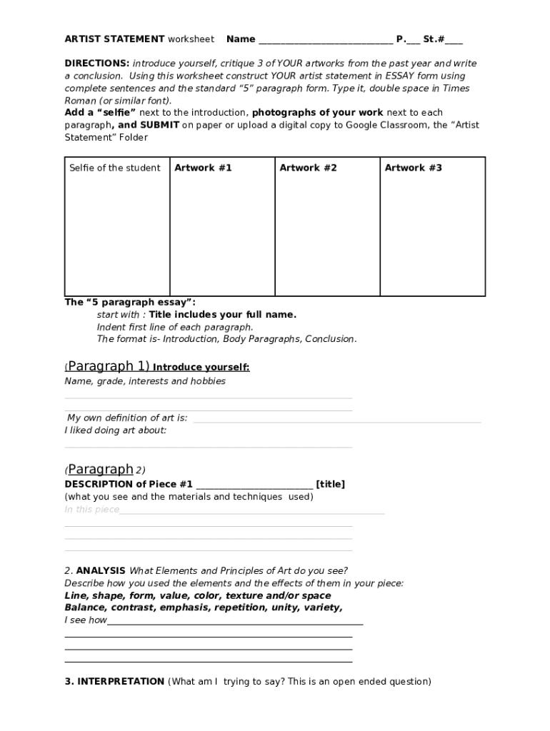 Resource: Artist Statement Worksheet Doc Template | pdfFiller