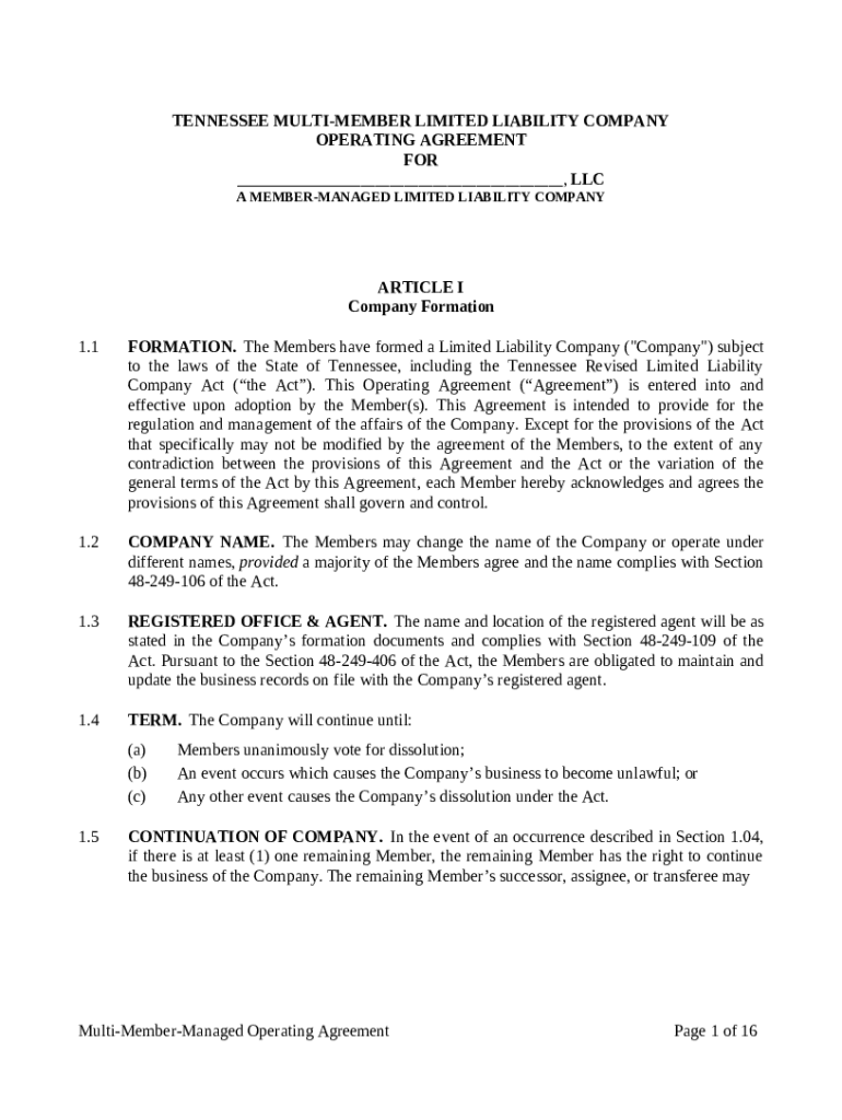Tennessee Multi-Member LLC Operating Agreement ...
