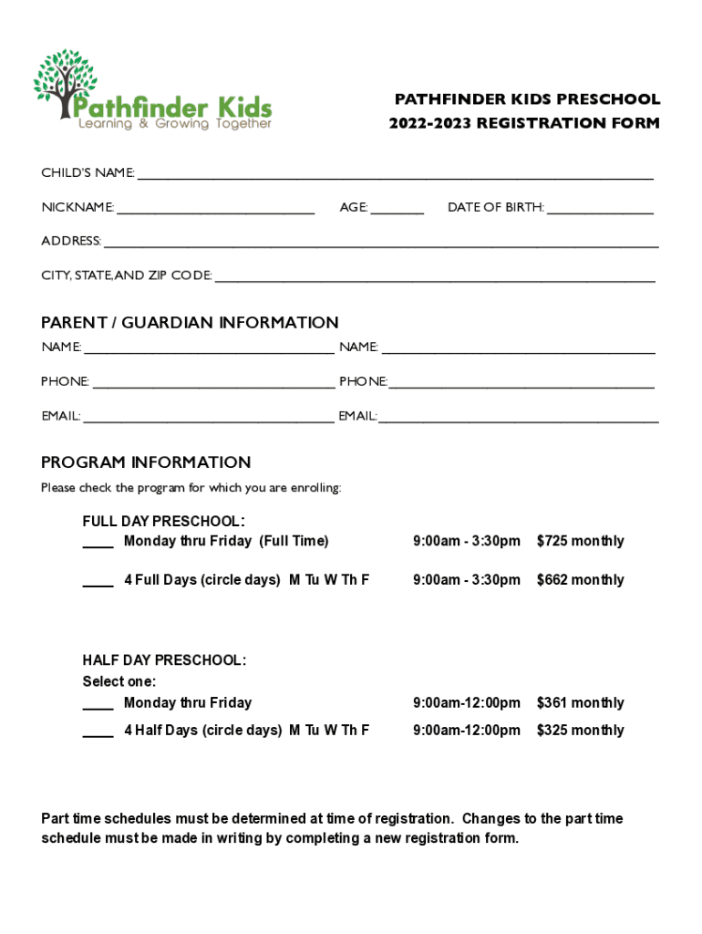 Fillable Online PATHFINDER KIDS PRESCHOOL Fax Email Print - pdfFiller