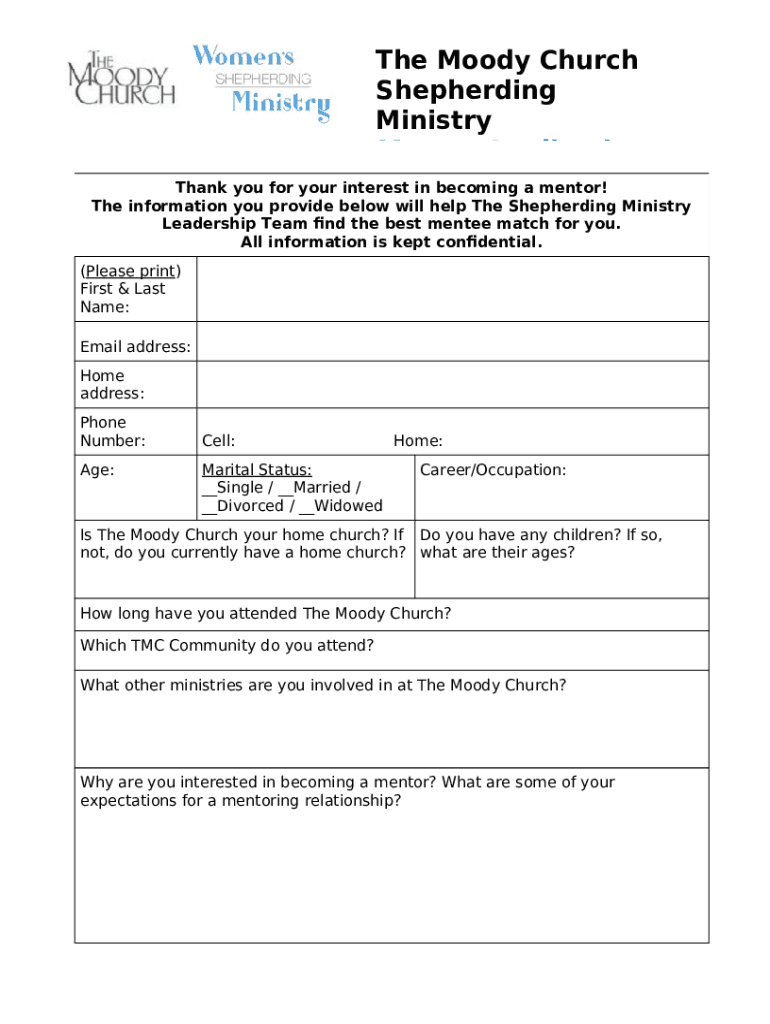 The Moody Church Shepherding Ministry Mentor Application Doc Template ...