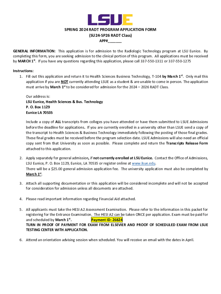 Fillable Online SPRING 2024 RADT PROGRAM APPLICATION FORM ( ... Fax ...