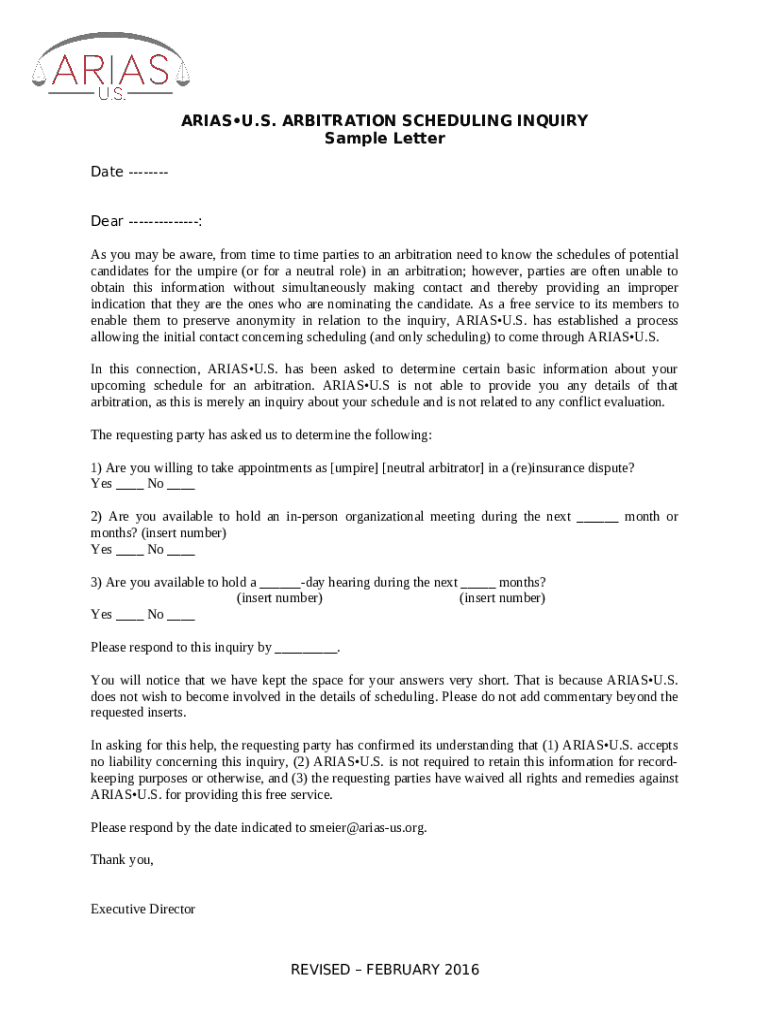 U.S. ARBITRATION SCHEDULING INQUIRY Sample Letter Doc Template | pdfFiller