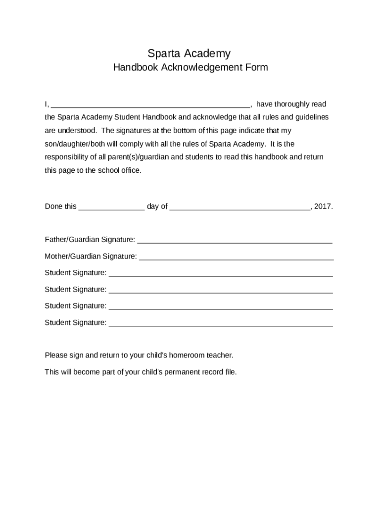 SA Student Handbook Acknowledgement Doc Template | pdfFiller
