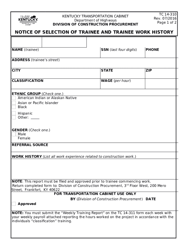 Notice of Selection of Trainee and Trainee Work History - transportation ky Doc Template | pdfFiller