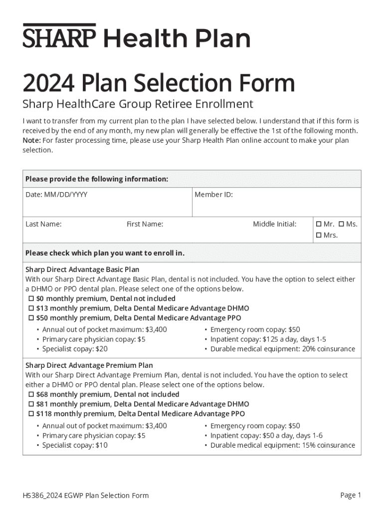 Fillable Online Sharp Health Plan 2024 Plan Selection Form Sharp ...