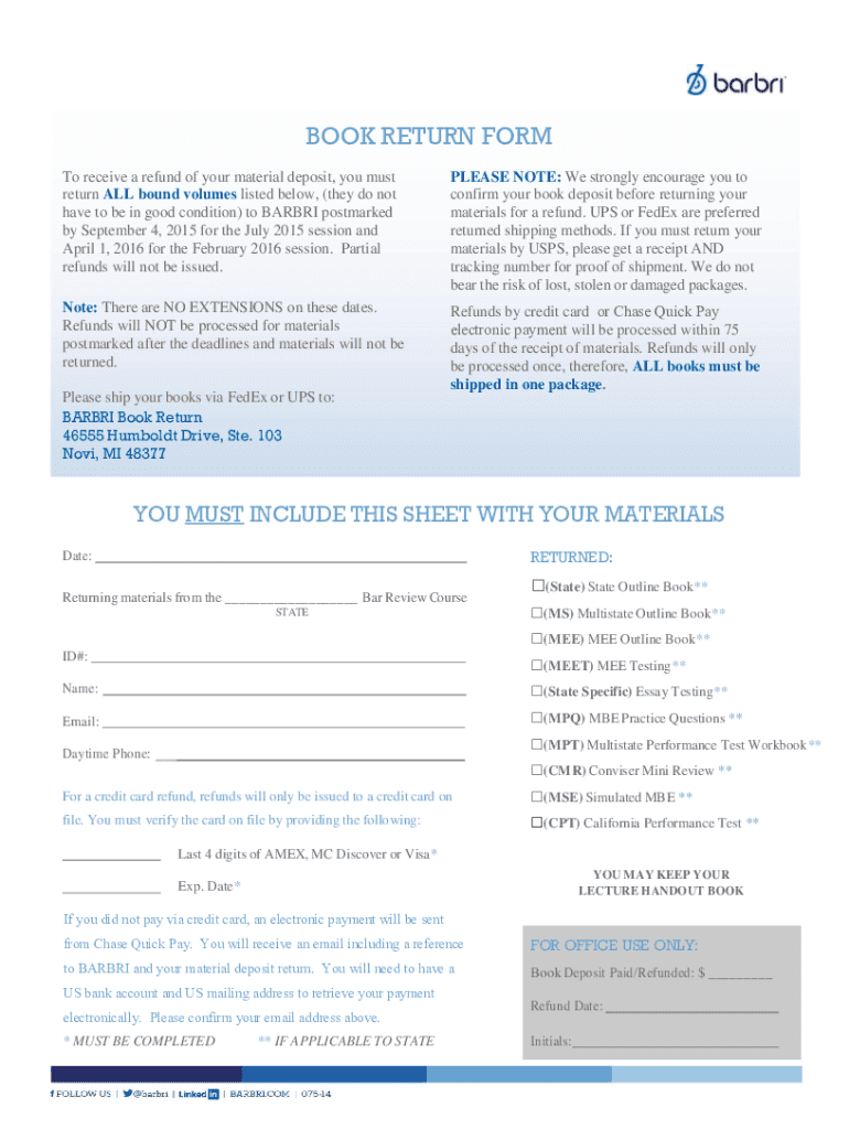 Fillable Online BARBRI Book Return Form Fax Email Print - pdfFiller