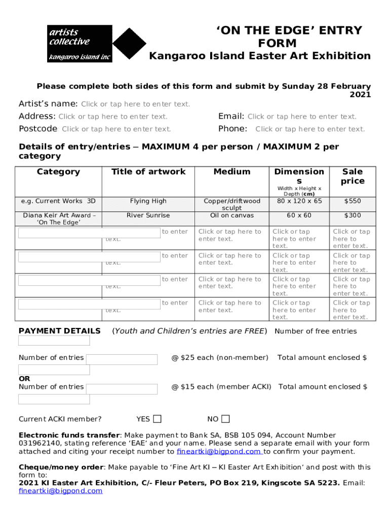 2021 Kangaroo Island On The Edge Art Exhibition Entry Doc Template ...