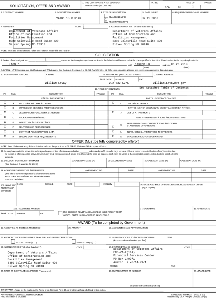 Solicitation, Offer and Award (SF-33) Doc Template | pdfFiller