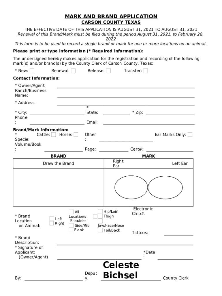 MARK AND BRAND APPLICATION - Texas Brand Registration Doc Template ...