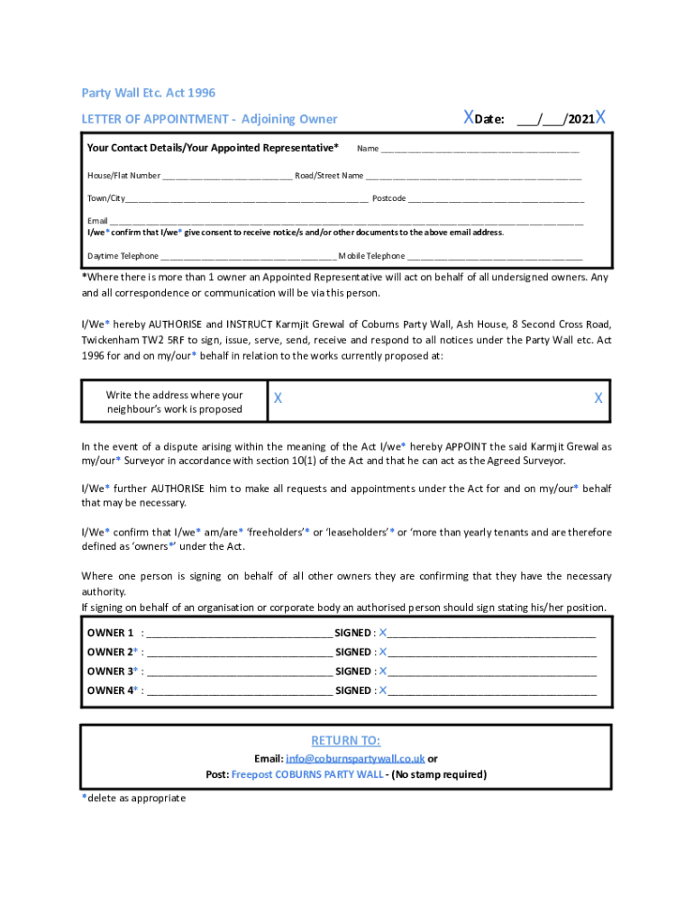 Fillable Online Coburns Party Wall - Letter of Appointment - Adjoining ...