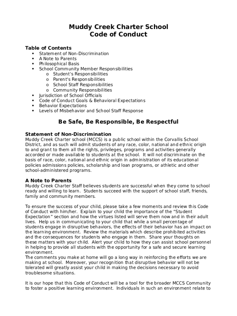 CODE of STUDENT CONDUCT Elementary and ... Doc Template | pdfFiller