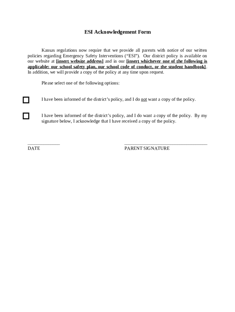 ESI Policy - Parent Acknowledgement Doc Template | pdfFiller