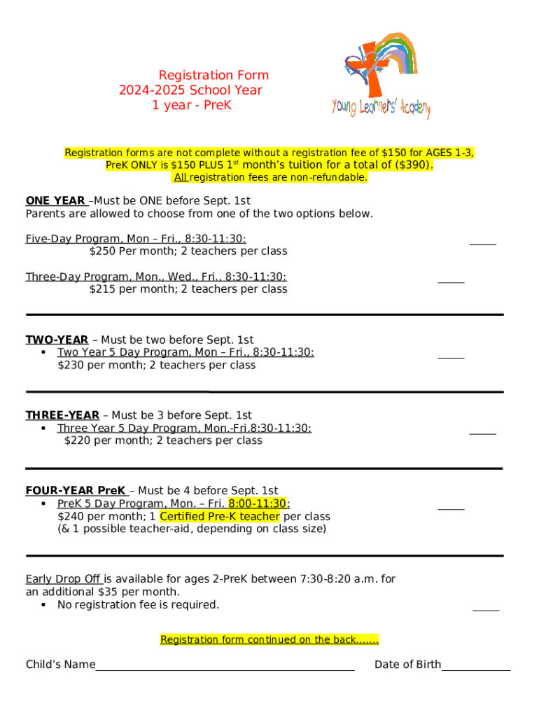 2024- 2025 PRESCHOOL/JR. K. REGISTRATION Doc Template | pdfFiller