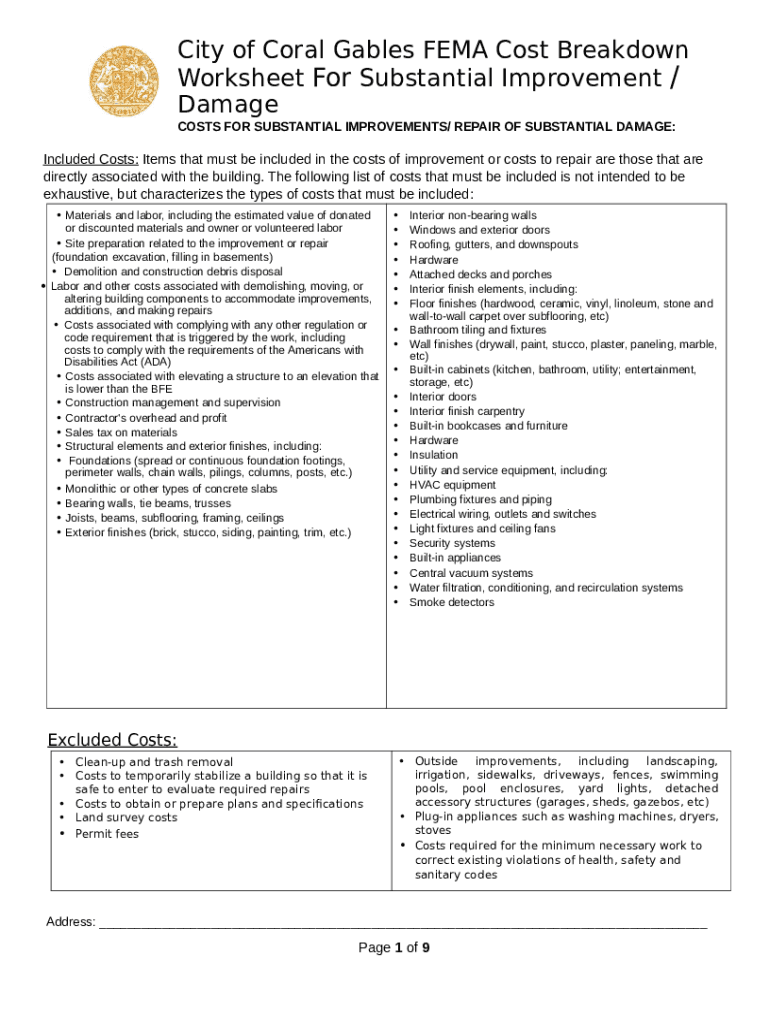 FEMA Cost Breakdown Worksheet for Substantial ... Doc Template | pdfFiller