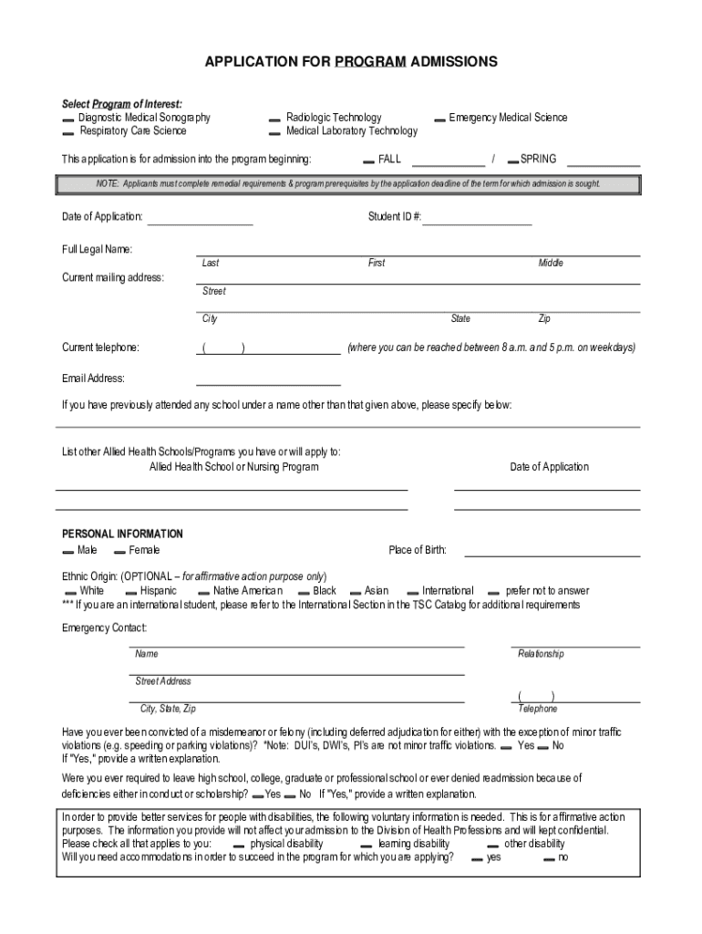 Fillable Online APPLICATION FOR PROGRAM ADMISSIONS Fax Email Print ...