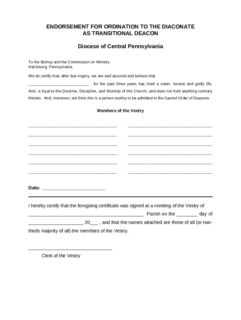 Letter of Support for Ordination to the Diaconate Doc Template | pdfFiller