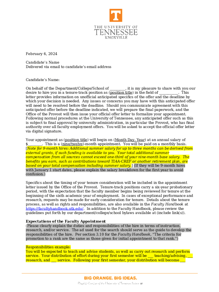 unofficial offer letter - provost utk Doc Template | pdfFiller