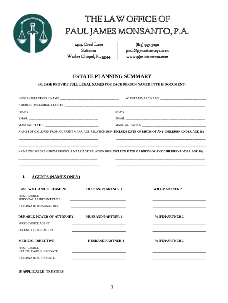 Intake Worksheet - Single or Couple - Burlington, MA Estate ... Doc ...