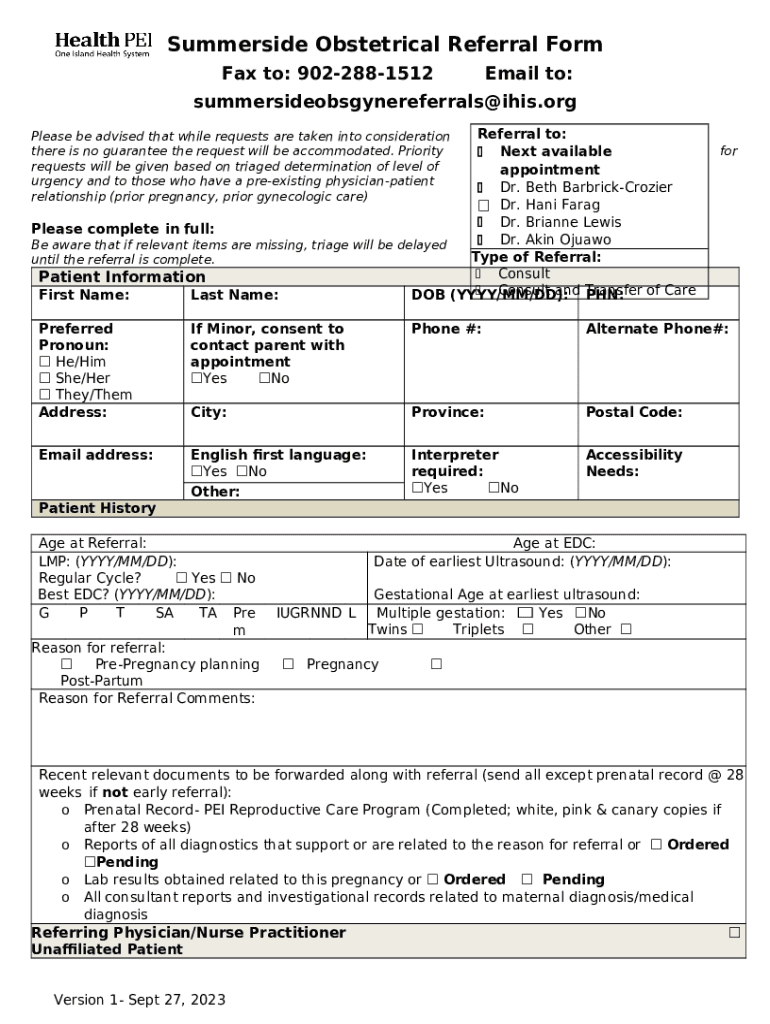 Obstetrical Referral (Summerside) Doc Template | pdfFiller