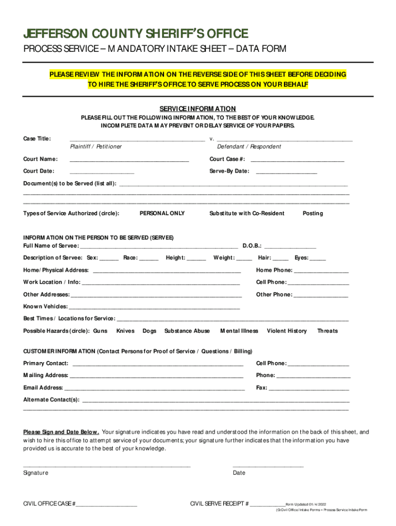 Fillable Online jefferson county sheriff's office - process service Fax ...