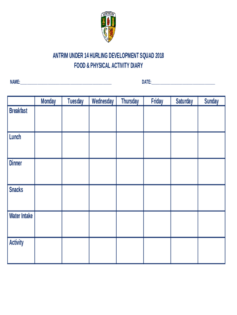 Antrim U14 Food And Activity Diary Template 2018 Doc Template | pdfFiller