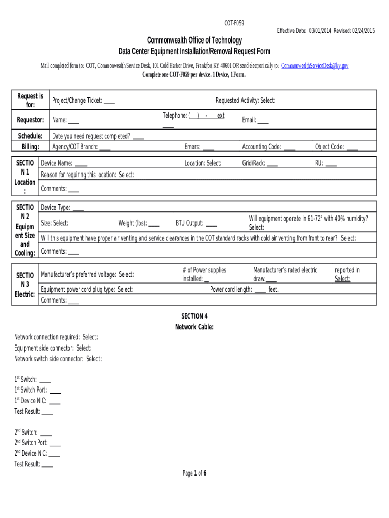 Data Center Equipment Installation Removal Request , COT-F059 Doc ...