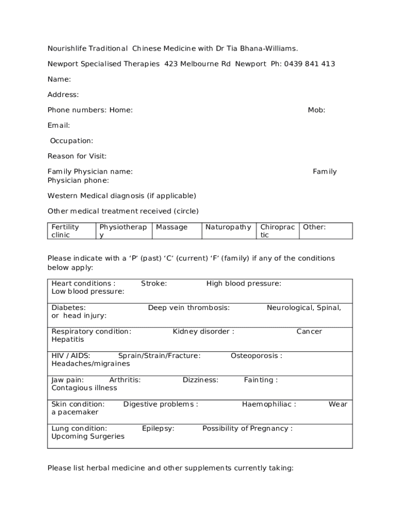 General New Patient - NourishLife Chinese Medicine Doc Template | pdfFiller