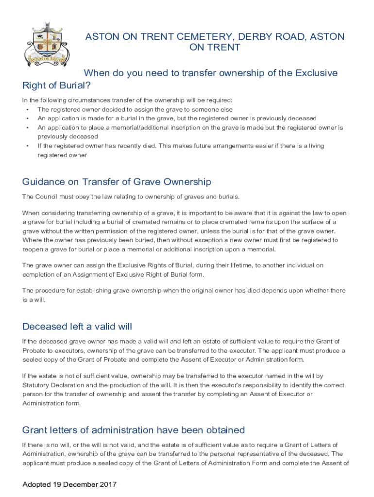 Fillable Online Transfer of grave ownership when the owner is deceased ...