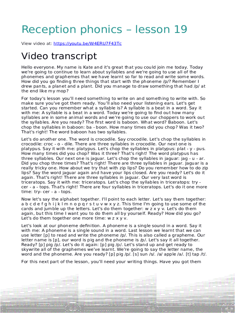 Video transcript: reception phonics - lesson 19 Doc Template | pdfFiller