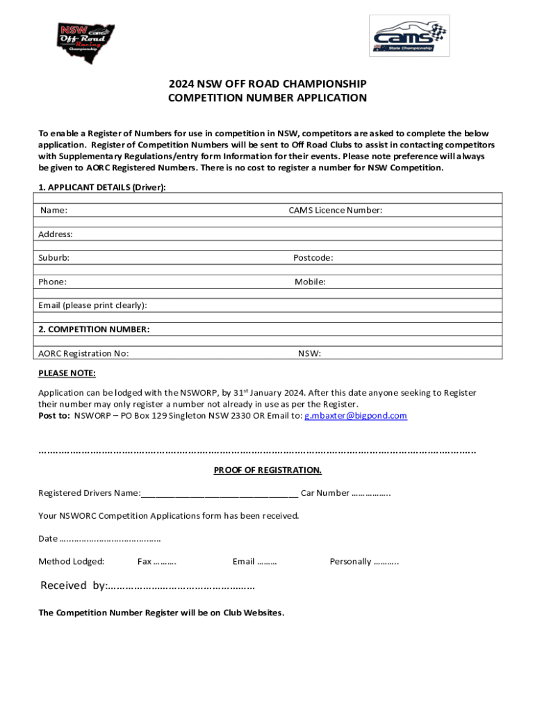 Fillable Online 2024 NSW Off Road Competition Number Application Form ...