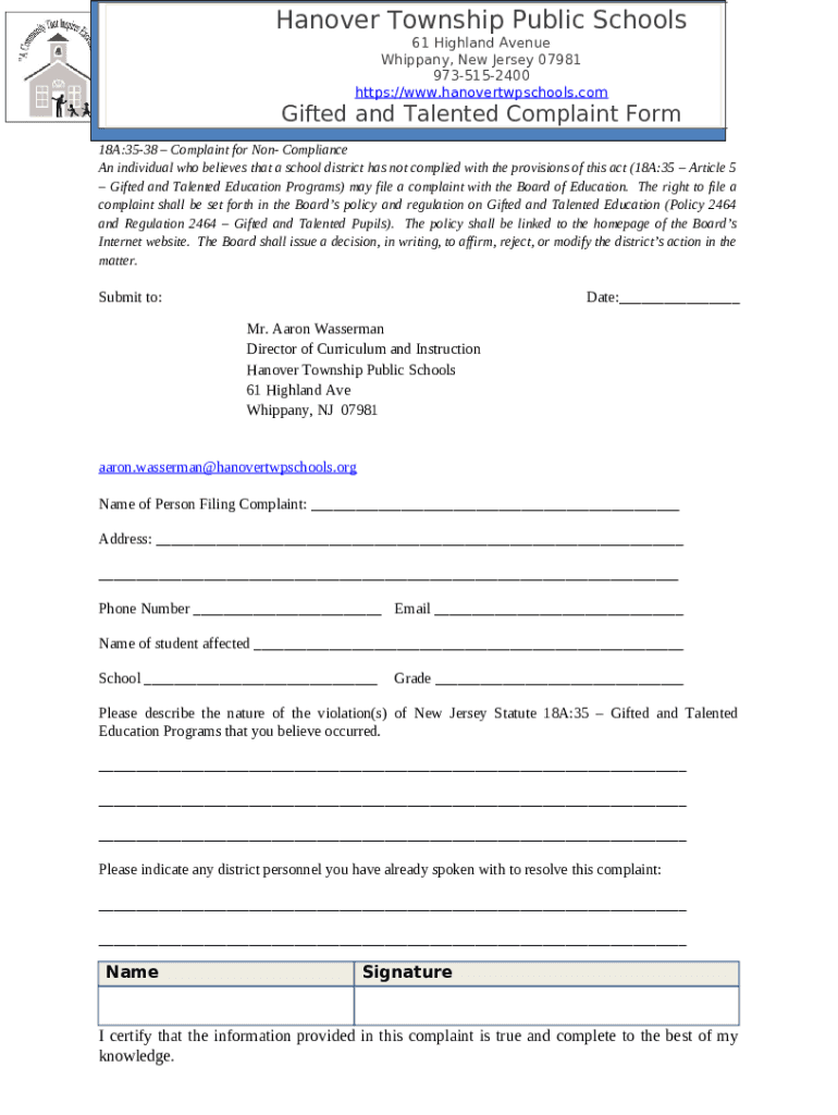 Gifted and Talented Complaint Doc Template | pdfFiller