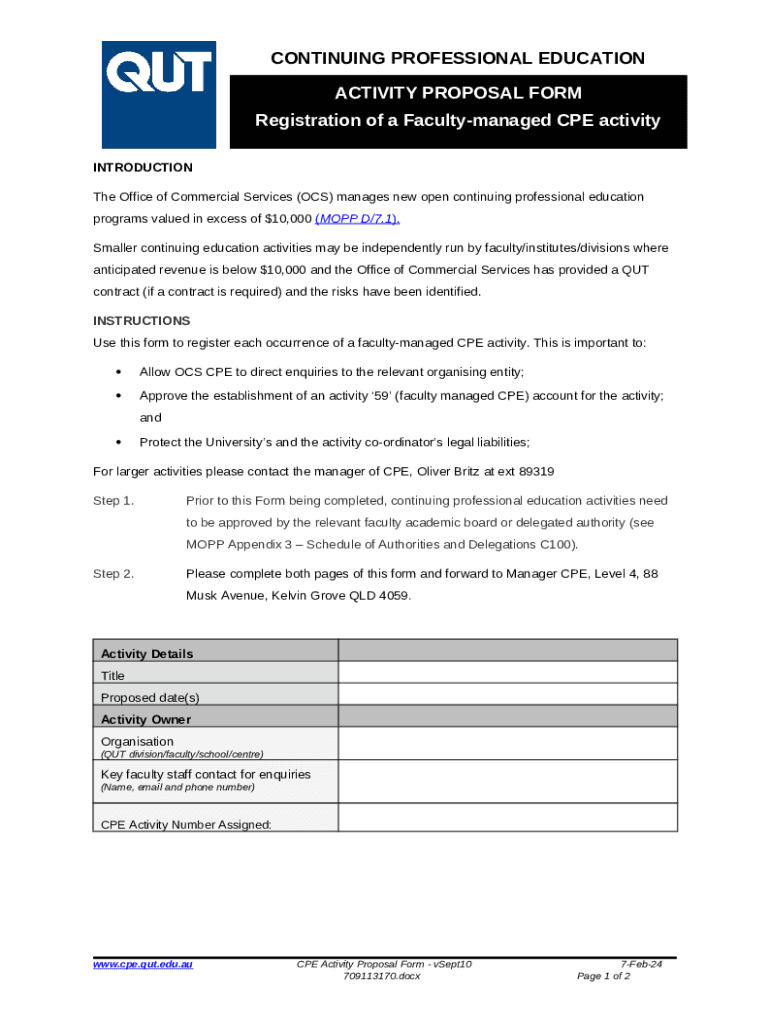 Faculty managed Continuing Professional Education Course Activity Proposal . Activity proposal ...