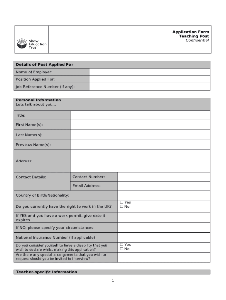 Shaw Education Trust Teaching Application 2023 Doc Template | pdfFiller