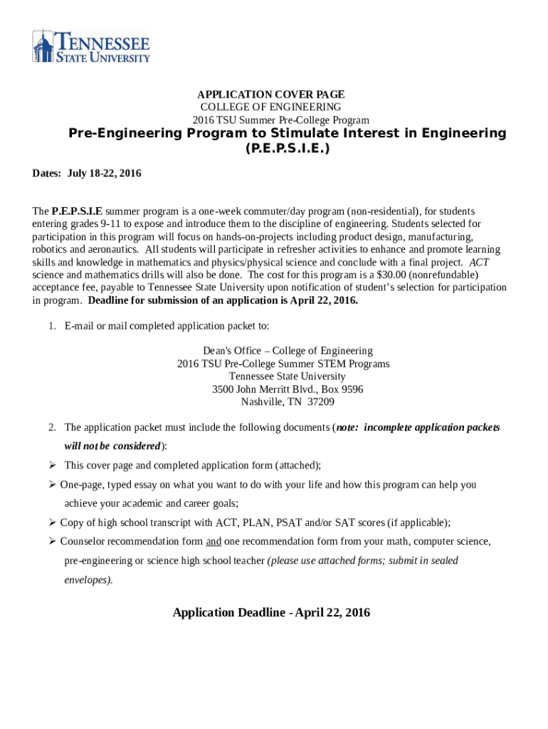 TSU-UNITE Pre-College Engineering Summer Program Doc Template | pdfFiller