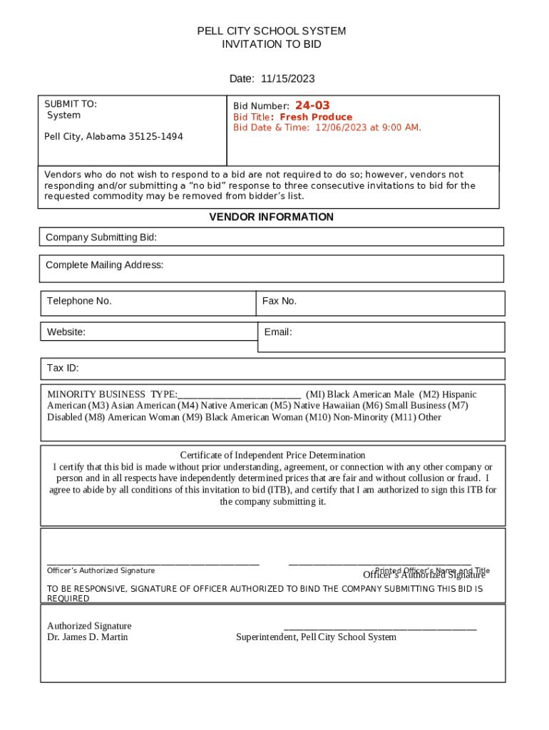 Bid 24-03 Fresh Produce Doc Template | pdfFiller