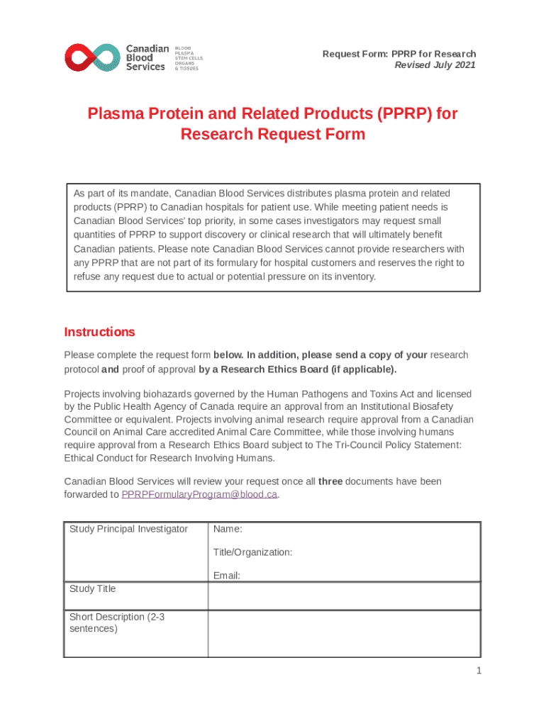 Plasma Protein and Related Products (PPRP) for Research Request Doc ...