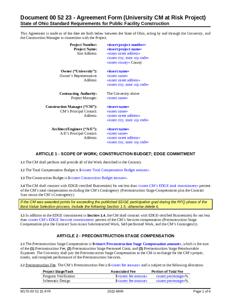 M170-00 52 23.4YR. Agreement (University CM at Risk Project) Doc Template | pdfFiller