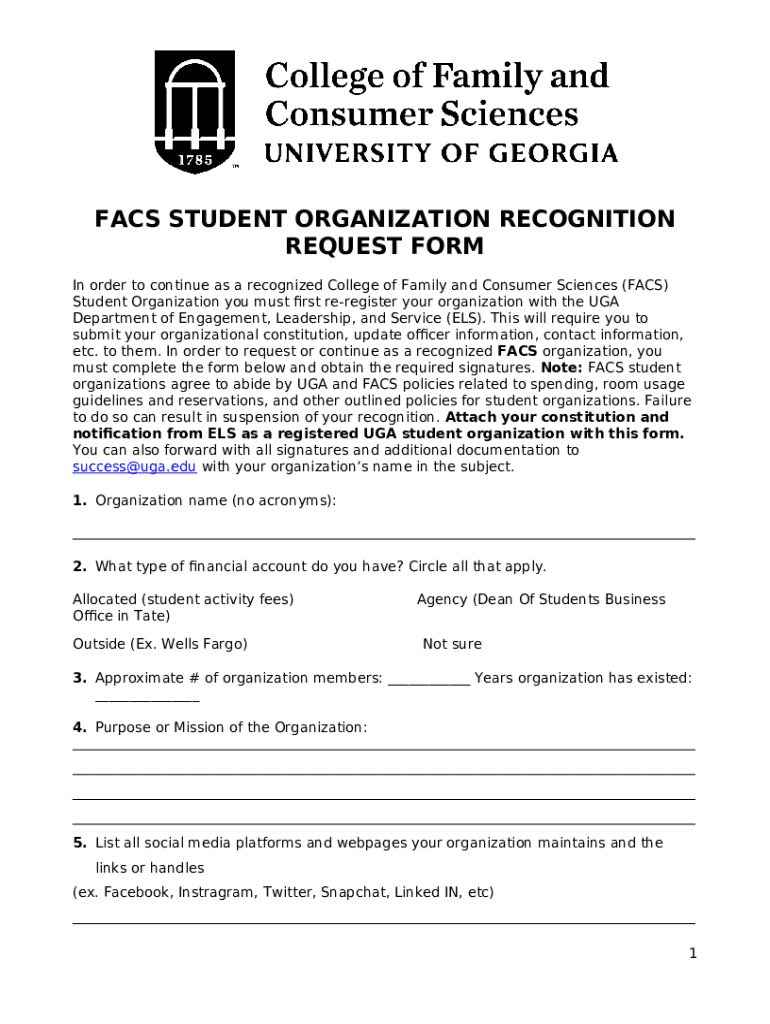 facs student organization recognition request Doc Template | pdfFiller